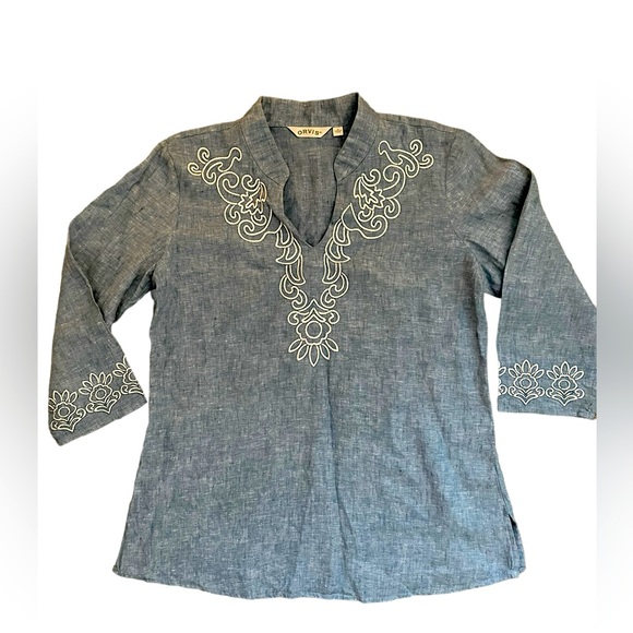 Orvis | Tops | Orvis Linen Shirt Bluewhite Embroidered Blouse Tunic ...